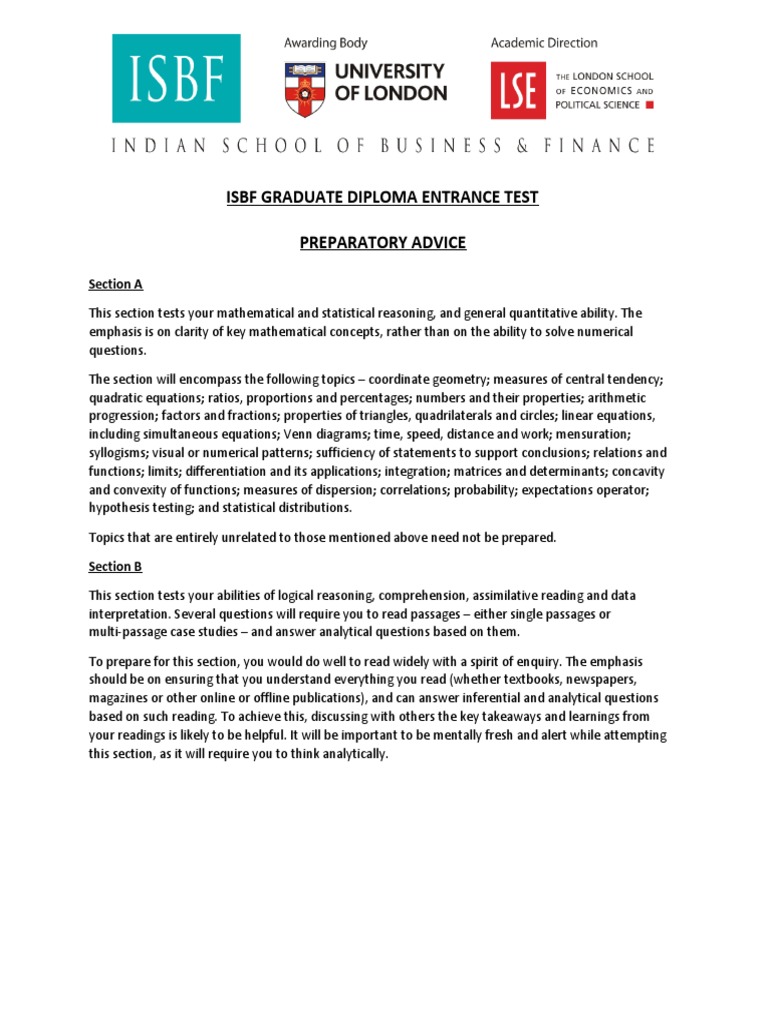 ISBF Graduate Diploma Entrance Test Guide | PDF | Variance | Multiple ...