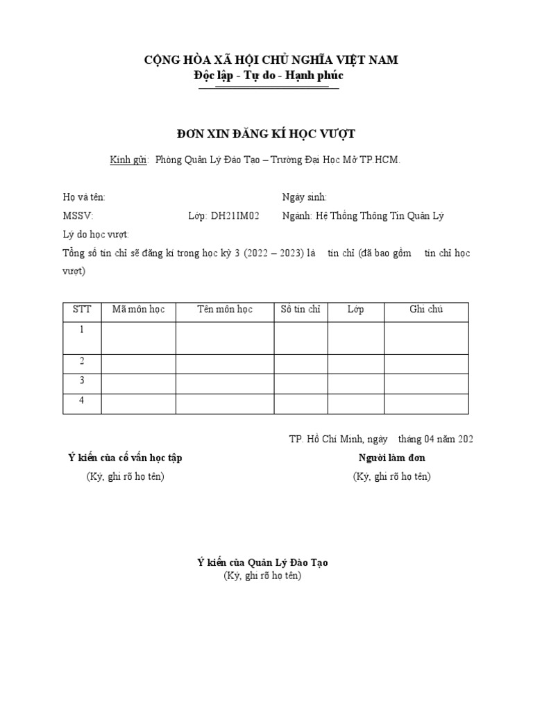 Đơn xin học vượt - Họ tên - MSSV | PDF