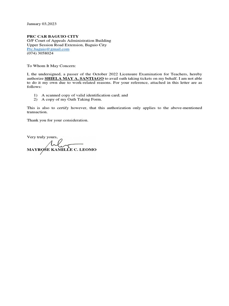 Authorization Letter Kamille Leomo PDF | PDF