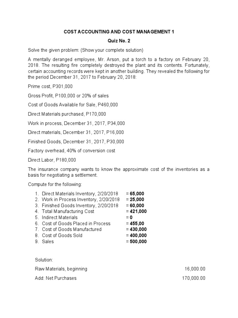 625009eef26fe Cost Accounting and Cost Management 1 Quiz No. 2 | PDF ...