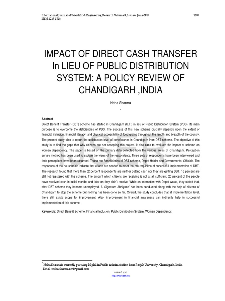 IMPACT OF DIRECT CASH TRANSFER in LIEU OF PUBLIC DISTRIBUTION SYSTEM A ...