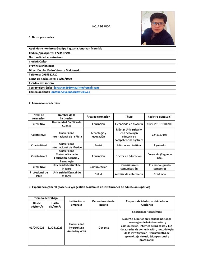 Hoja de Vida de Jonathan Guallpa | PDF