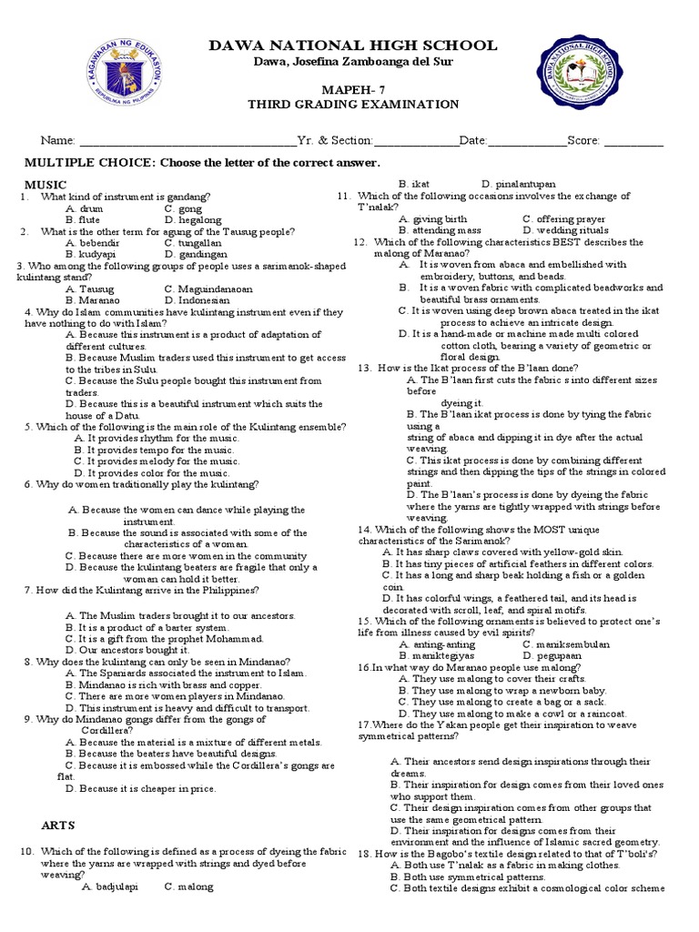 Mapeh 7 Q3 Exam | PDF