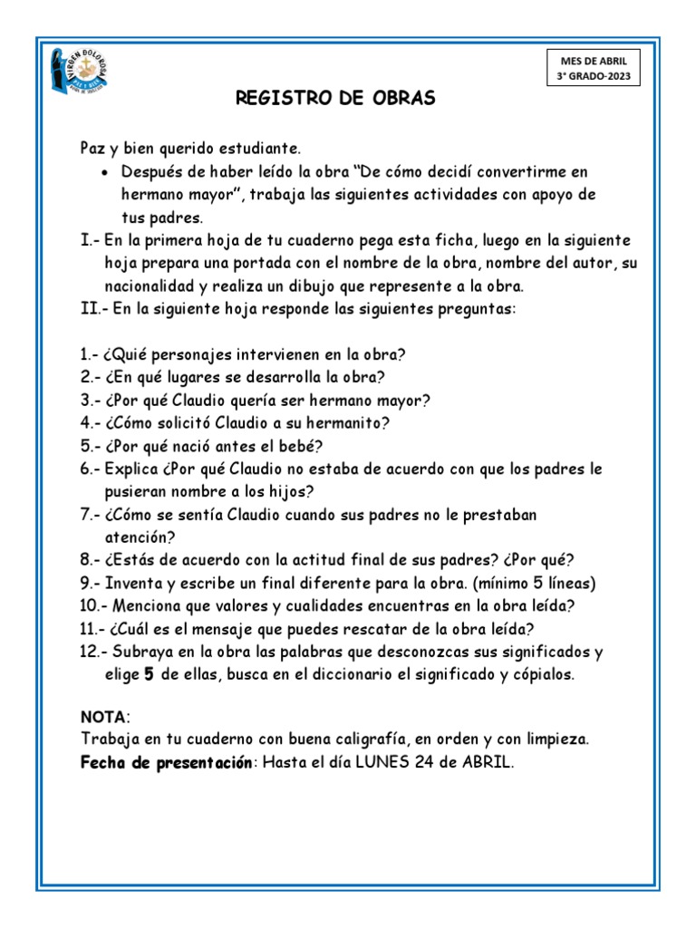 Ficha de La Obra de Como Decidi Ser El Hermano Mayor - Abril PDF | PDF