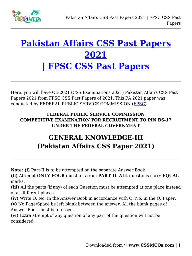 Pakistan Affairs CSS Past Papers 2021 - FPSC CSS Past Papers | PDF