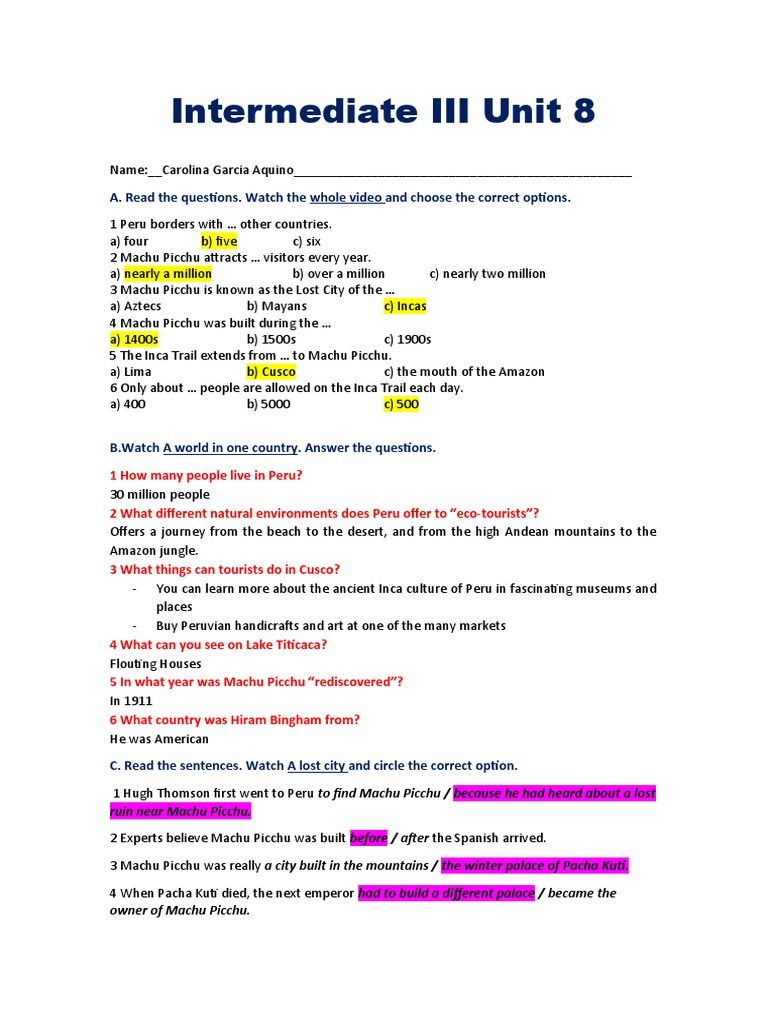 Intermediate III Unit 8 Videoworksheet | PDF