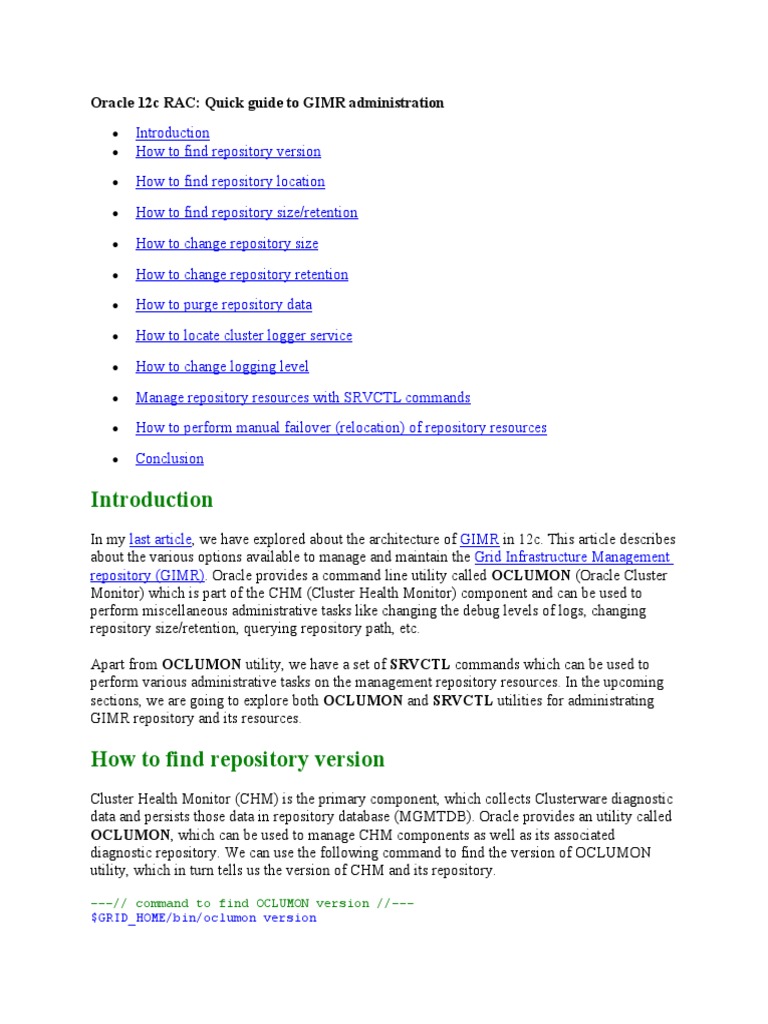 Oracle 12c Rac Quick Guide To Gimr Administration Pdf Computer Cluster Databases
