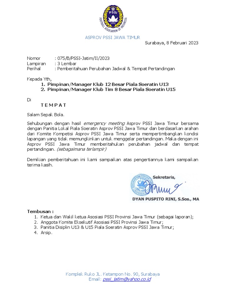 075.pemberitahuan Perubahan Jadwal & Tempat Pertandingan Piala Soeratin U13 Dan U15 PDF | PDF