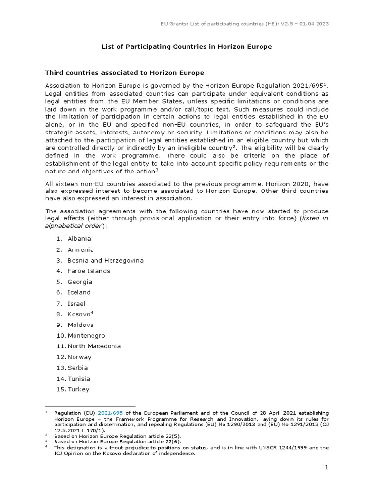 Horizon Europe Participating Countries List | PDF