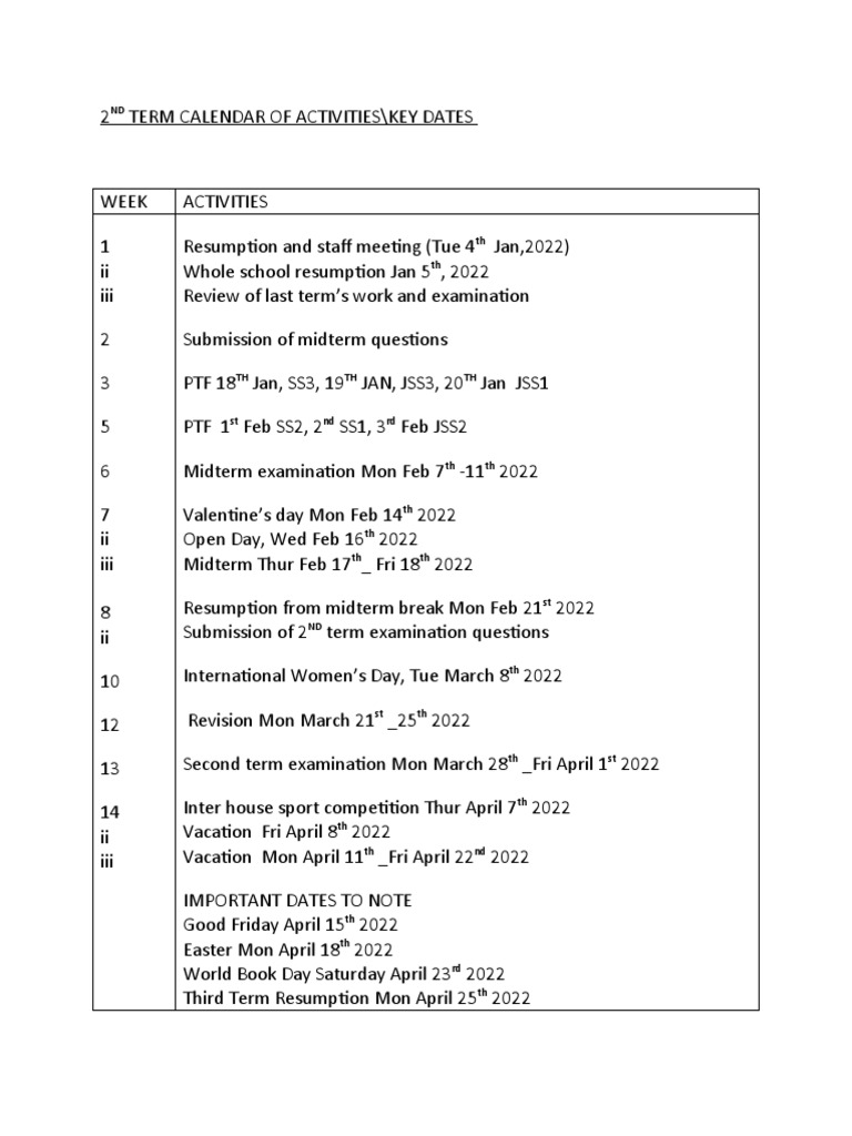 2ND Term Calendar of Activities | PDF