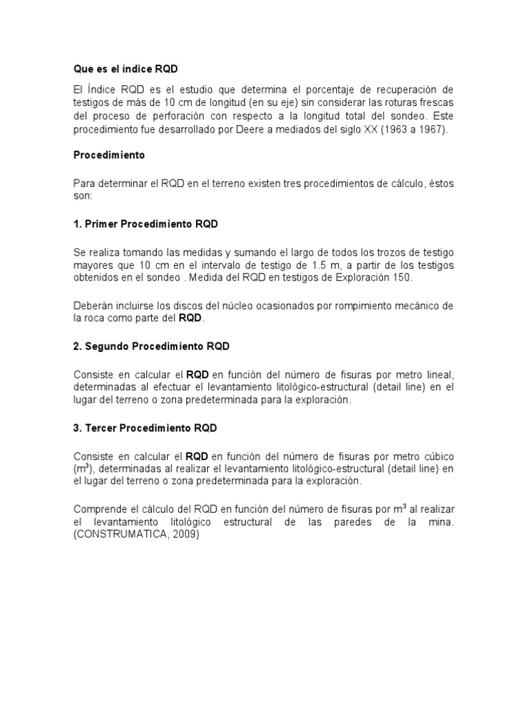Índice RQD: Procedimientos y Cálculo | PDF