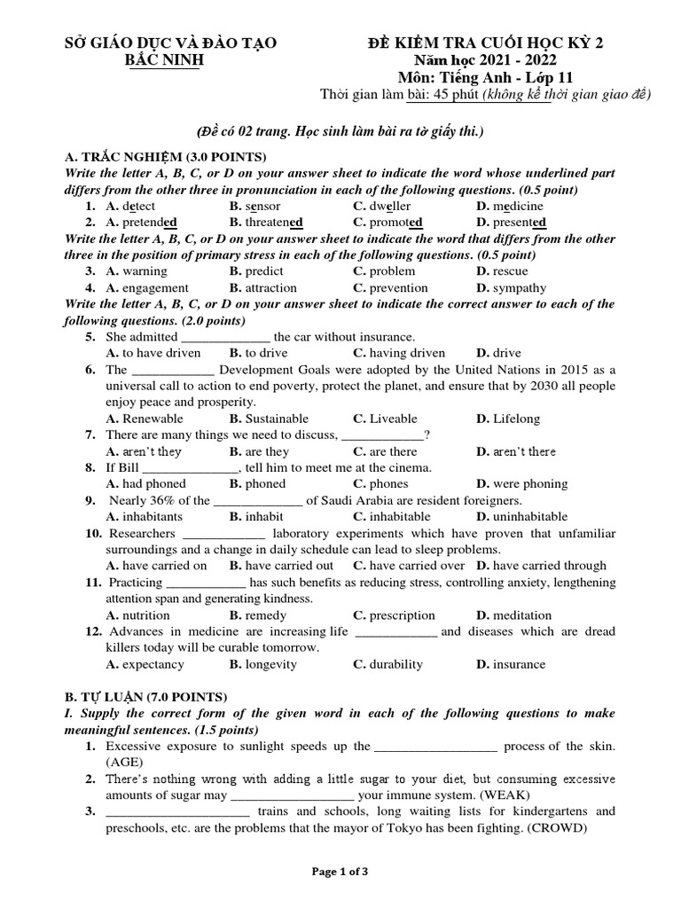 De Kiem Tra Cuoi Hoc Ky 2 Tieng Anh 11 Nam 2021 2022 So GDDT Bac Ninh | PDF