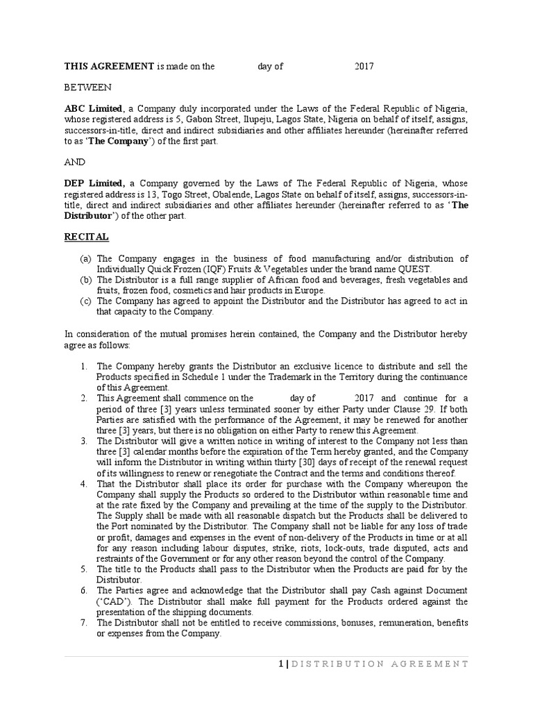 Food Distribution Agreement Template | PDF | License | Arbitration