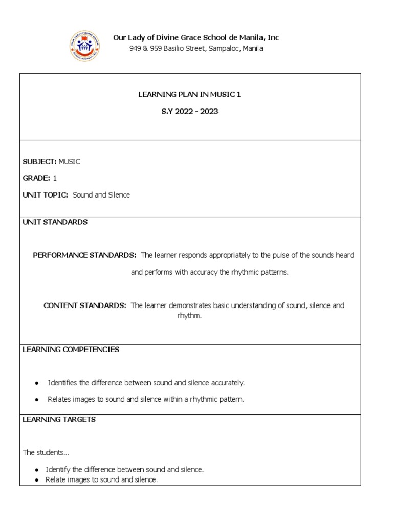 Sound vs Silence: Grade 1 Lesson Plan | PDF | Silence | Rhythm