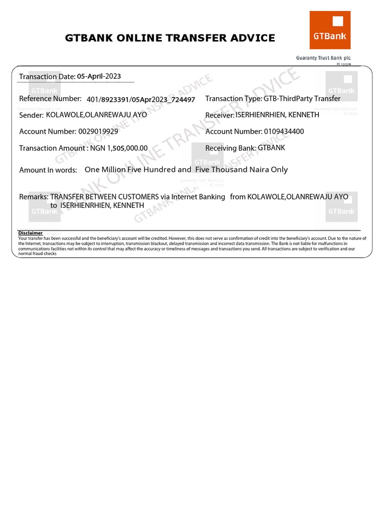 GTBank Transfer Confirmation | PDF