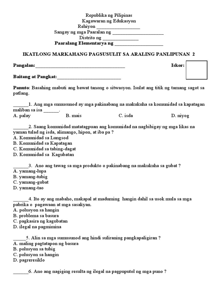 Araling Panlipunan 3RD QUARTER EXAM | PDF