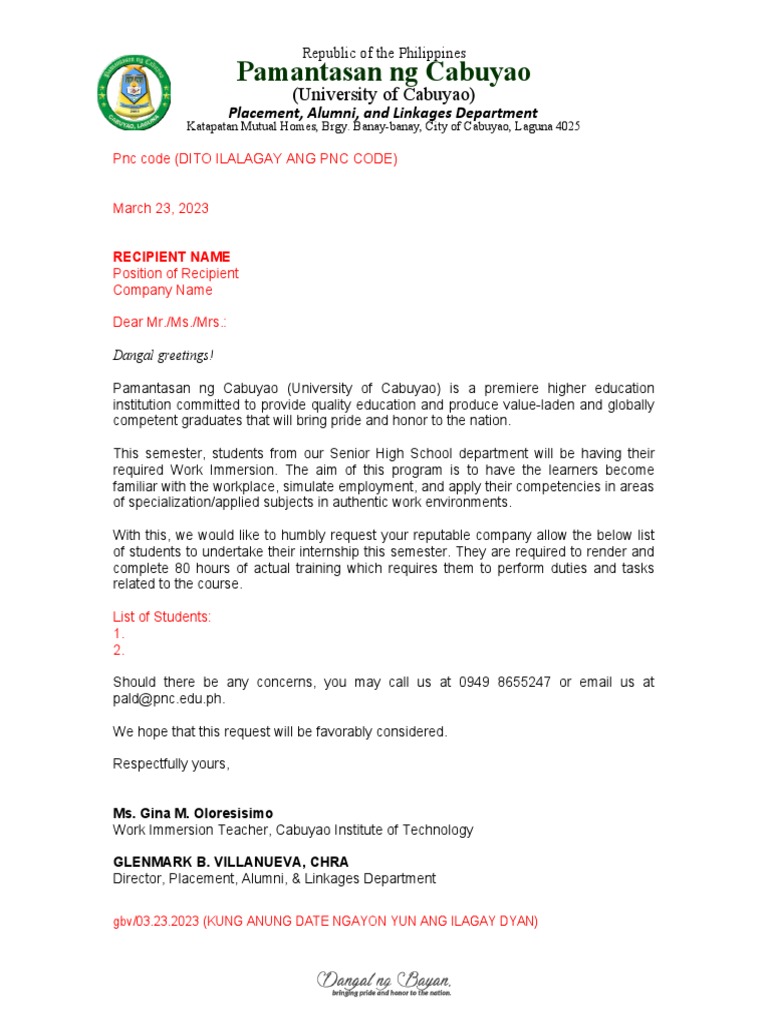 Endorsement Letter Template SHS 1 1 1 | PDF