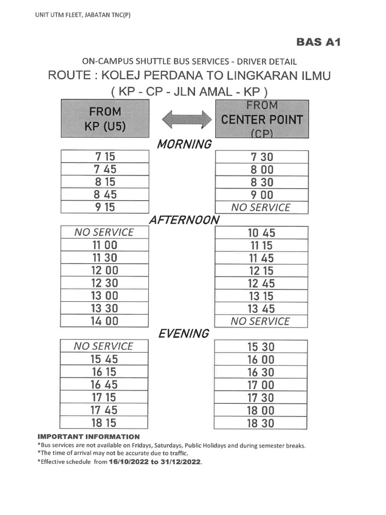 UTM Shuttle Bus Routes Overview | PDF