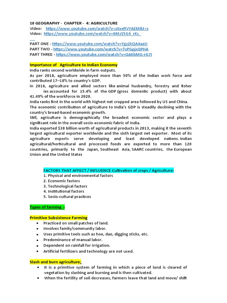 10 Geography - Chapter - 4 - Agriculture - Notes | PDF