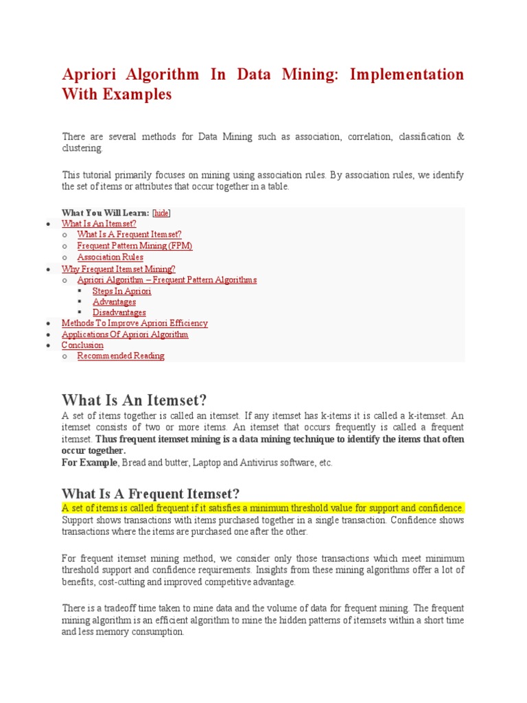 Apriori Algorithm Guide: Discover Frequent Itemsets in Data Mining | PDF