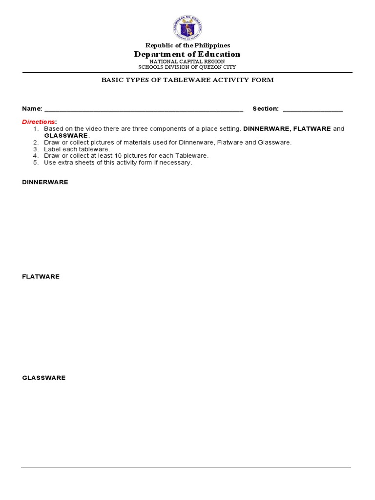 Tableware Activity Form for Students | PDF