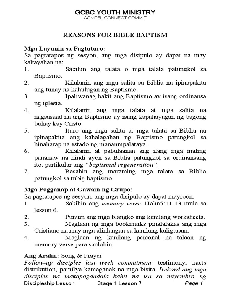 Discipleship Lesson Stage 1 Lesson 7 REASONS FOR BIBLE BAPTISM TC ...