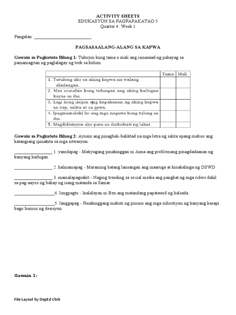 ESP 5 Activity Sheet Q4 W1 | PDF