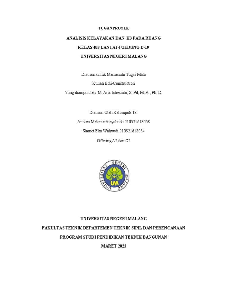 Tugas Proyek - Kelompok 18 - Analisis Kelayak Dan K3 Pada Ruang Kelas ...