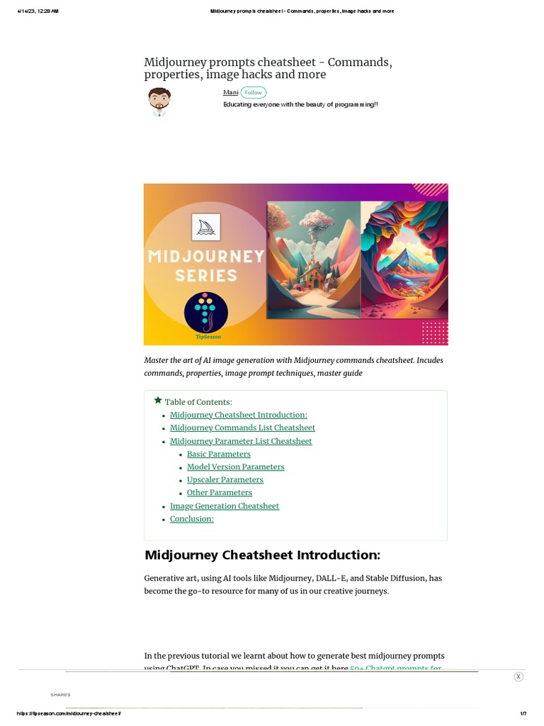Midjourney Prompts Cheatsheet - Commands, Properties, Image Hacks and More PDF | PDF