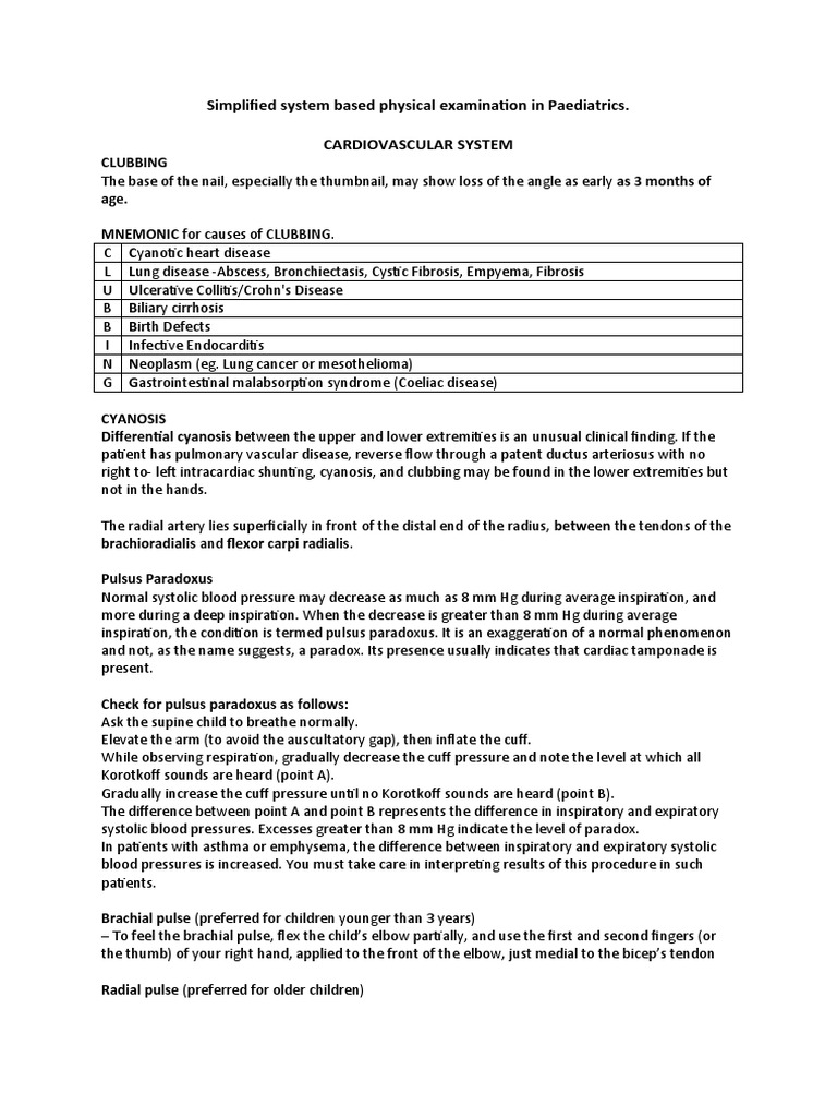 Cardiovascular Notes - Paediatrics Examination | PDF