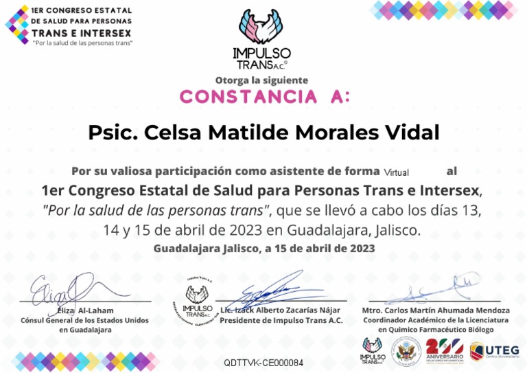 Certificate For - Psic. Celsa Matilde Morales... - For - 1er Congreso ...