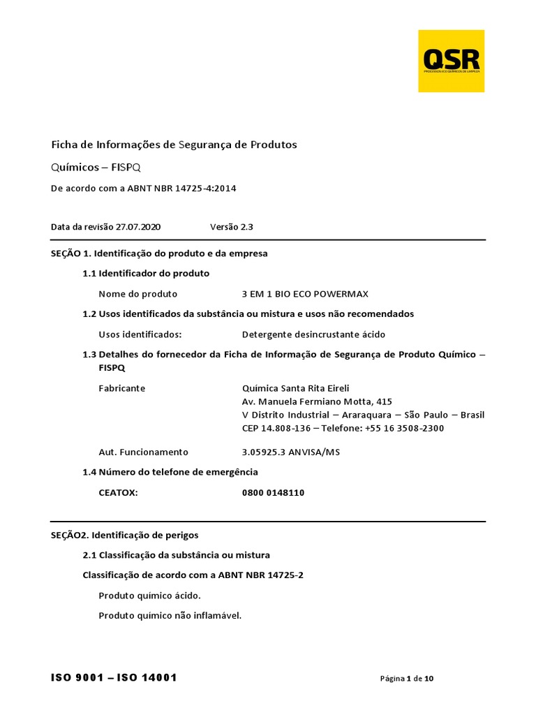 QSR - Fispq - GHS - 3 em 1 Bio Ecopowermax | PDF | Embalagem e ...