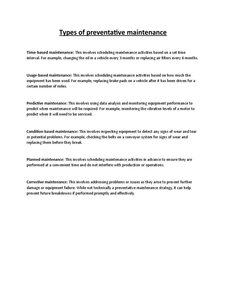 Types of Preventative Maintenance | PDF