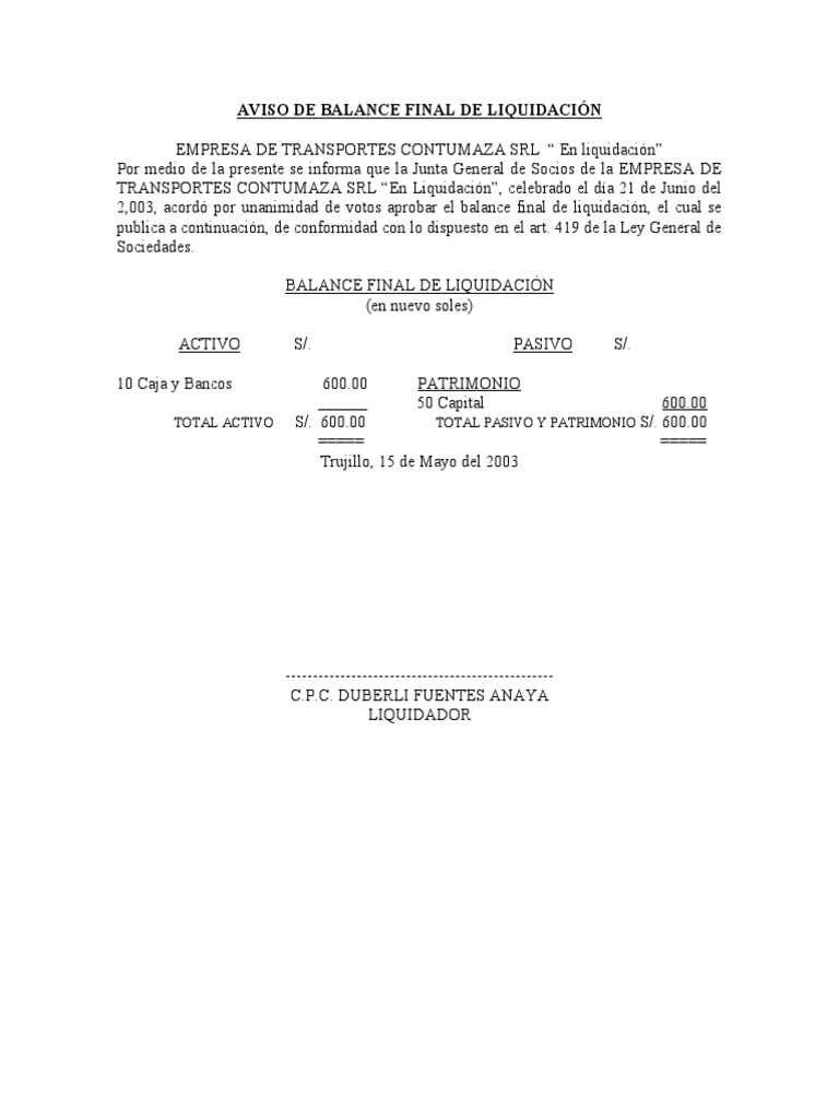 Aviso de Balance Final de Liquidación | PDF