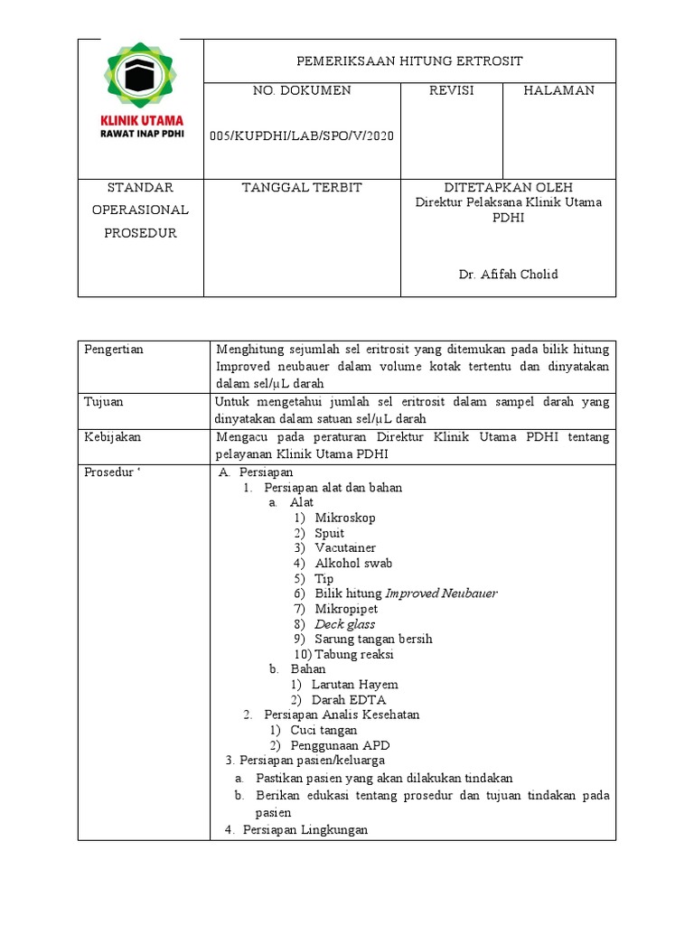 Prosedur Pemeriksaan Hitung Eritrosit | PDF | Griya & Taman | Kesehatan Holistik