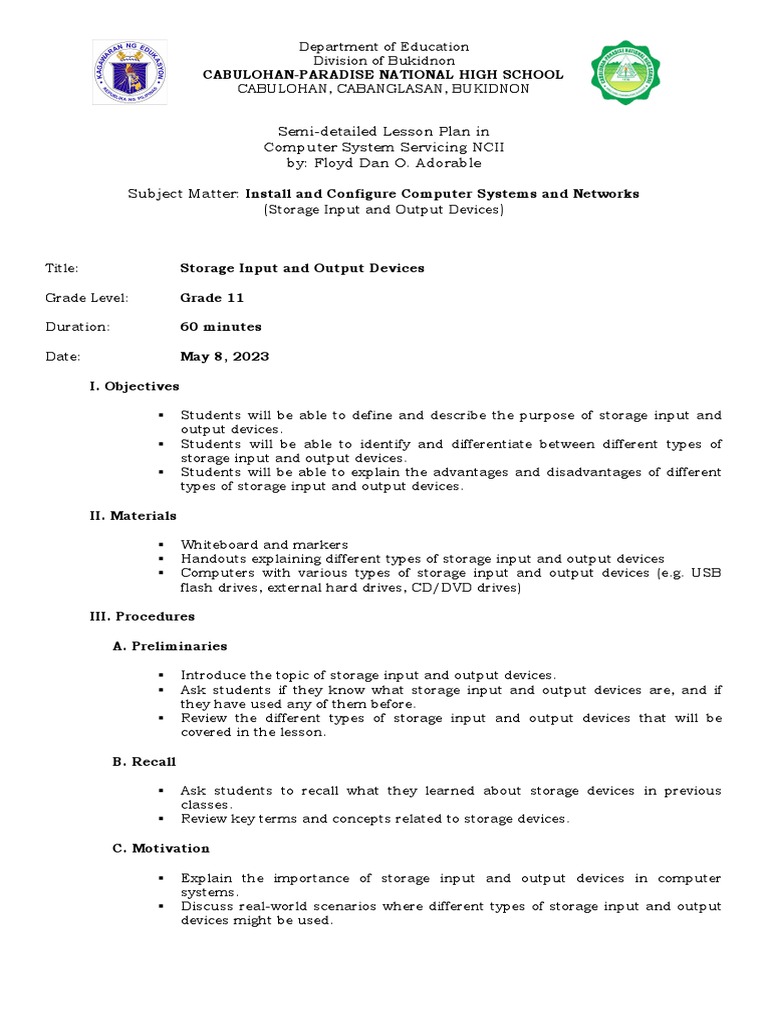 Storage Devices Lesson Plan for Grade 11 | PDF