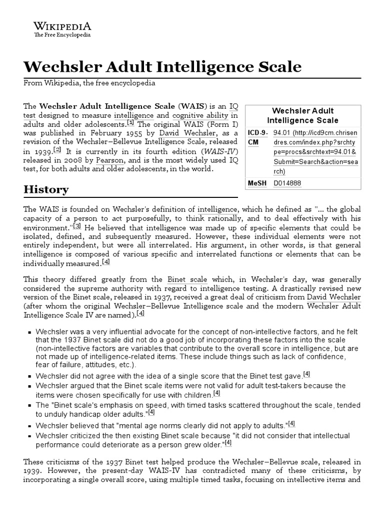 Wechsler Adult Intelligence Scale - Wikipedia PDF | PDF | Science ...