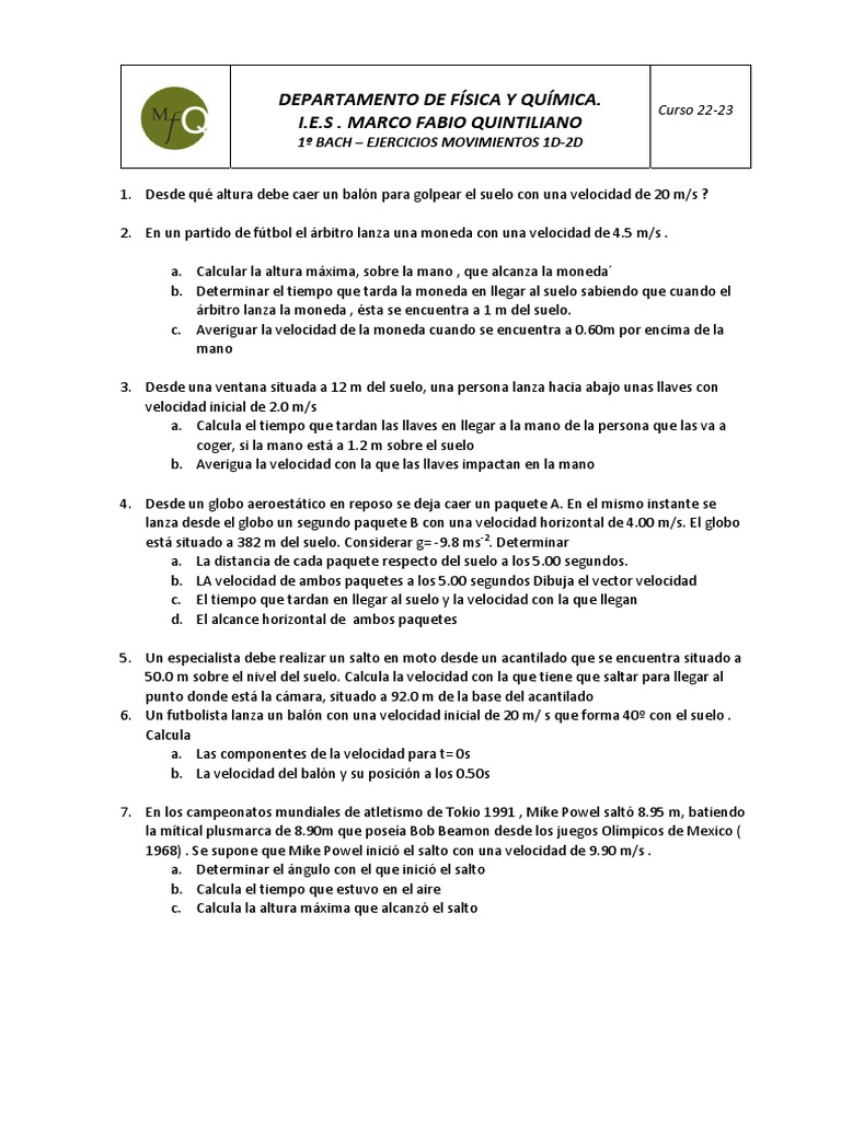 Ejercicios Movimientos 1D y 2D | PDF