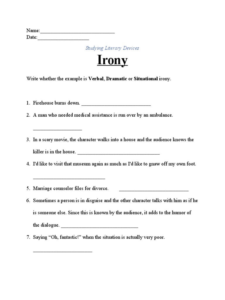 Irony Identification Worksheet | PDF