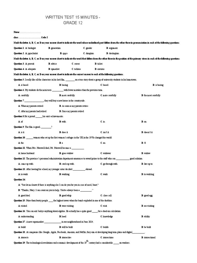 Ktra 15 Phut Bai Cuoi 12 - de 2 | PDF
