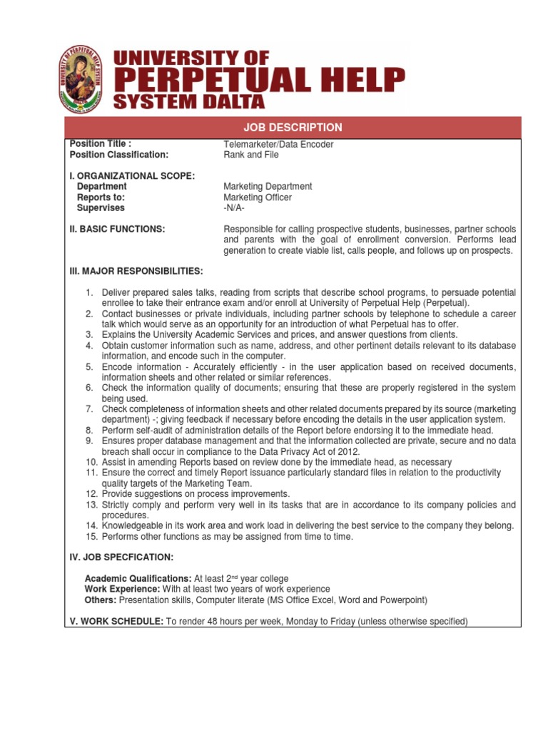 Telemarketer/Data Encoder Job Description | PDF | Career & Growth ...