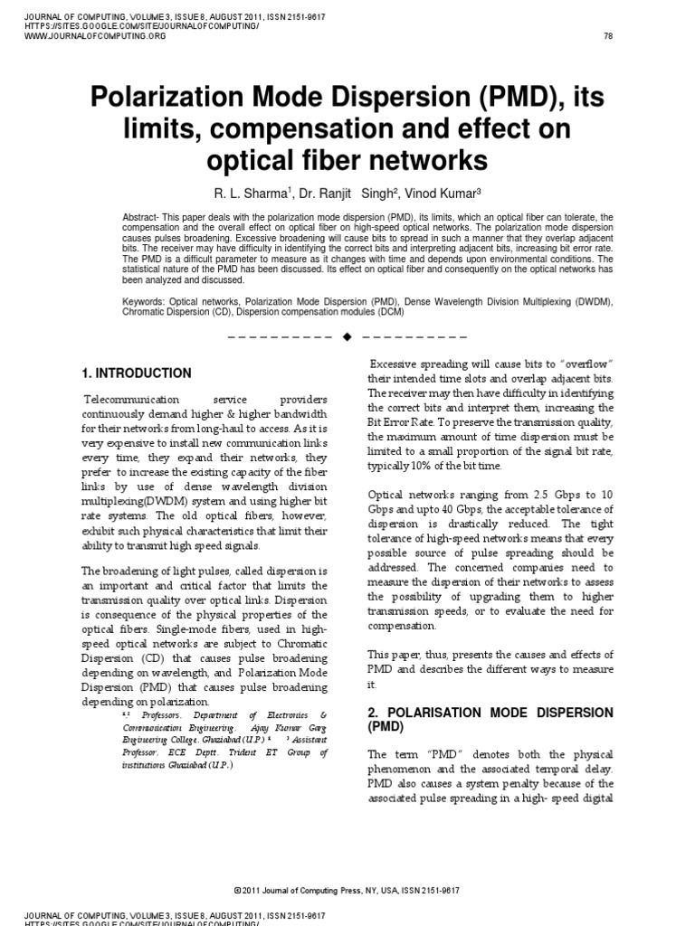 Polarization Mode Dispersion (PMD), Its Limits, Compensation and Effect ...