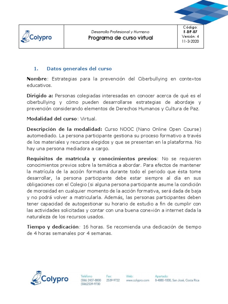 Programa Del Curso - Estrategias para La Prevención Del Ciberbullying en Contextos Educativos ...