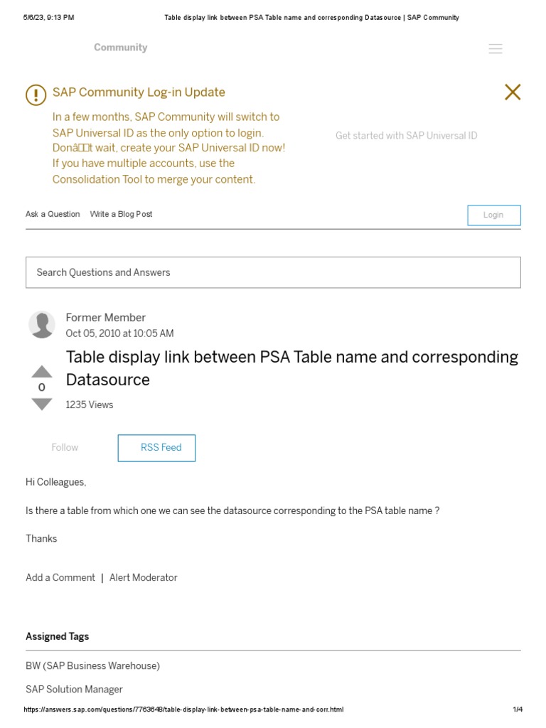 Table Display Link Between PSA Table Name and Corresponding Datasource - SAP Community | PDF