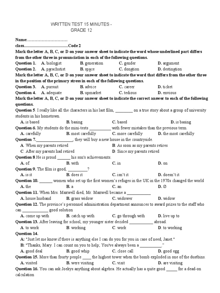 Grade 12 English Pronunciation Test | PDF