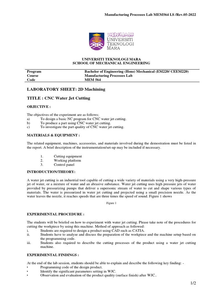 2D Machining Lab Sheet - Water Jet Cutting PDF | PDF