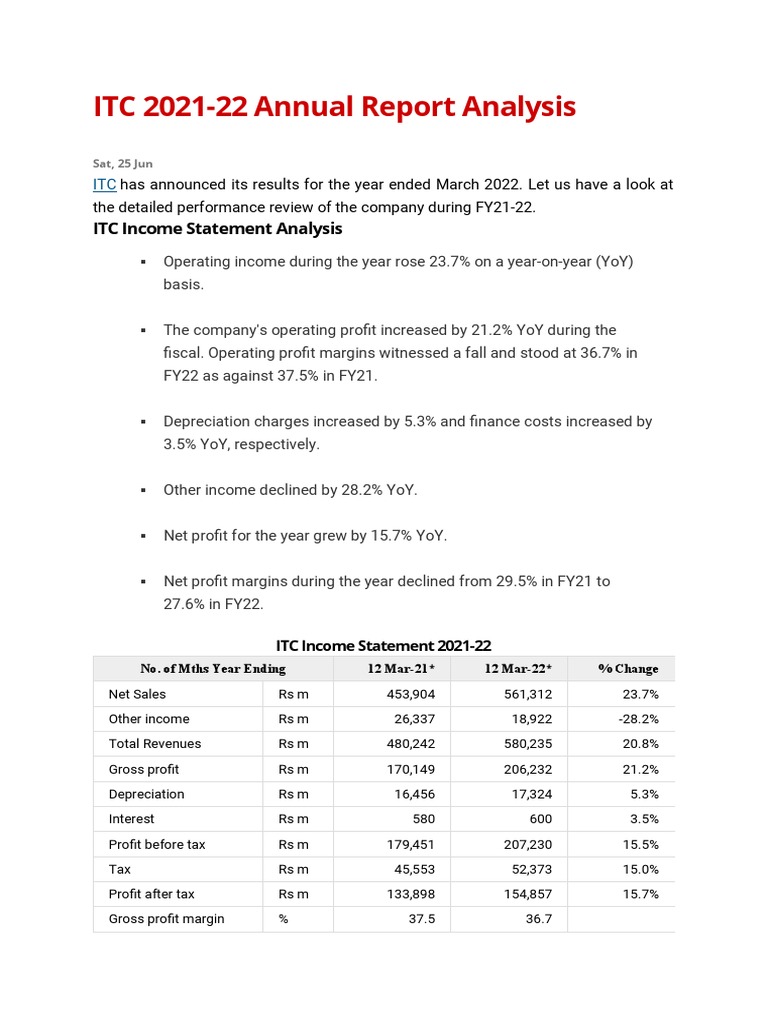 ITC Annual Report 2021-22 Analysis | PDF | Finance & Money Management