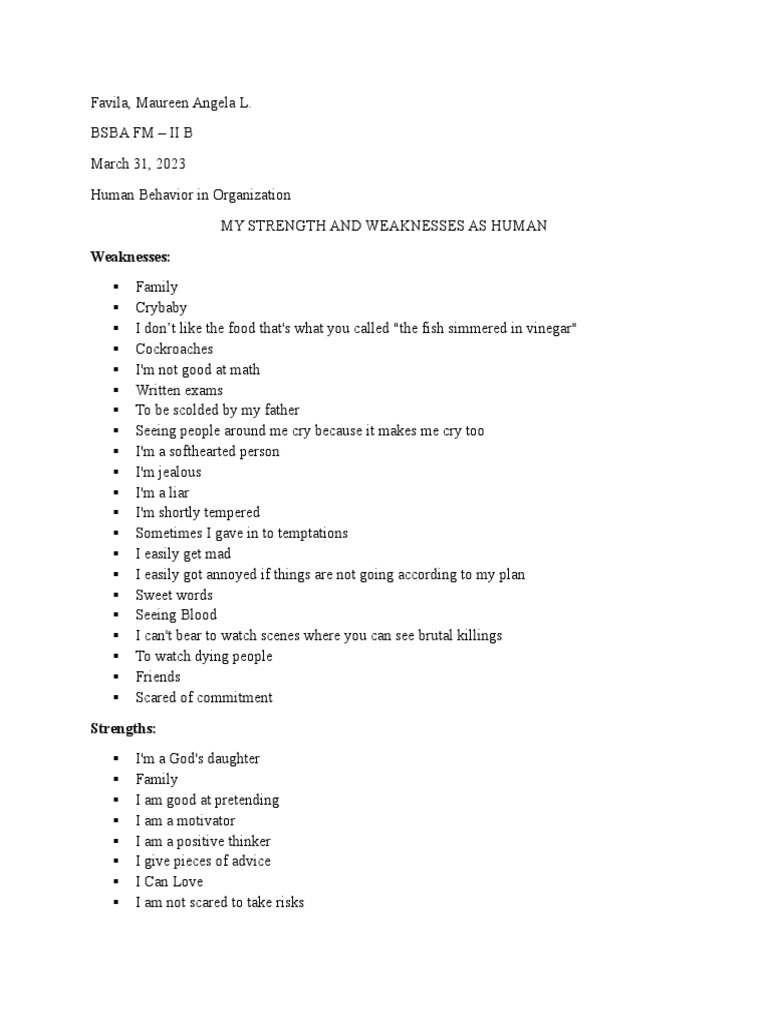 Strength and Weaknesses As Human | PDF | Self-Improvement | Wellness