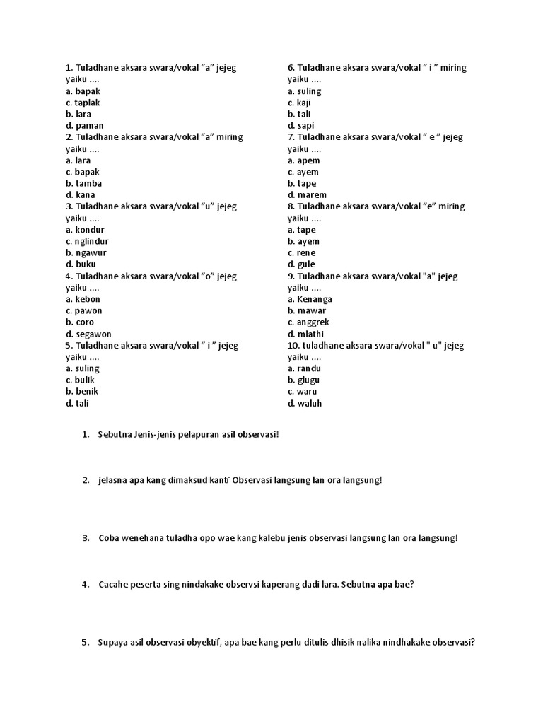 Soal Bahasa Jawa Kelas 2 SD | PDF