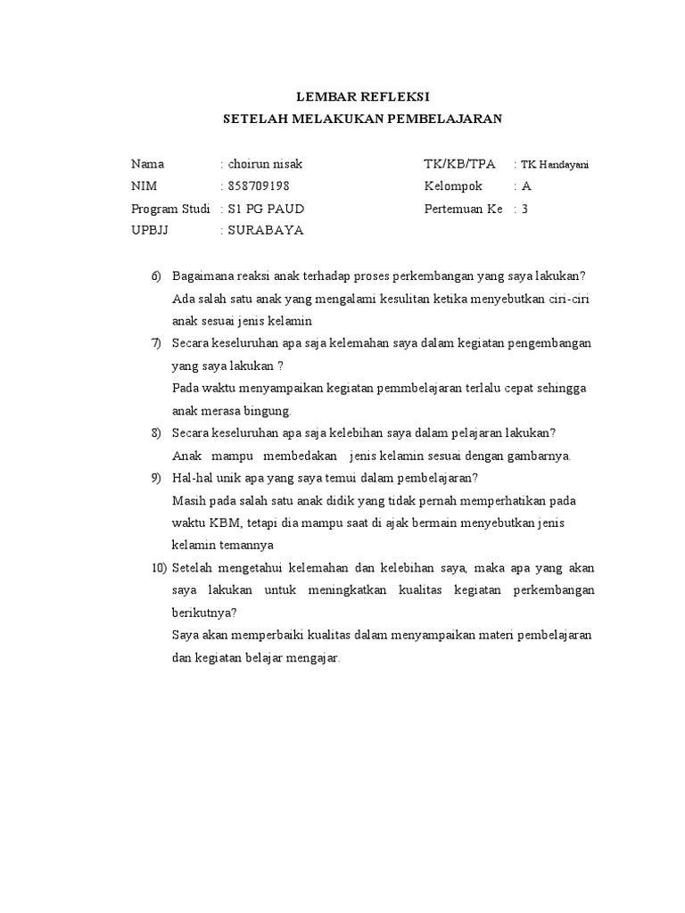 Refleksi Pembelajaran Anak di TK Handayani | PDF | Kesehatan Holistik